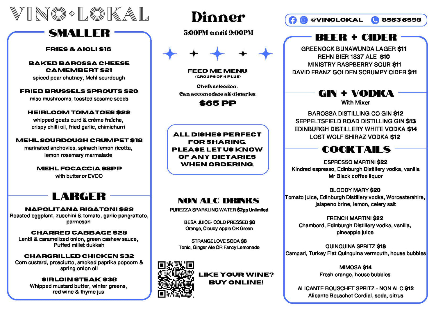 Dinner Menu – Vino Lokal